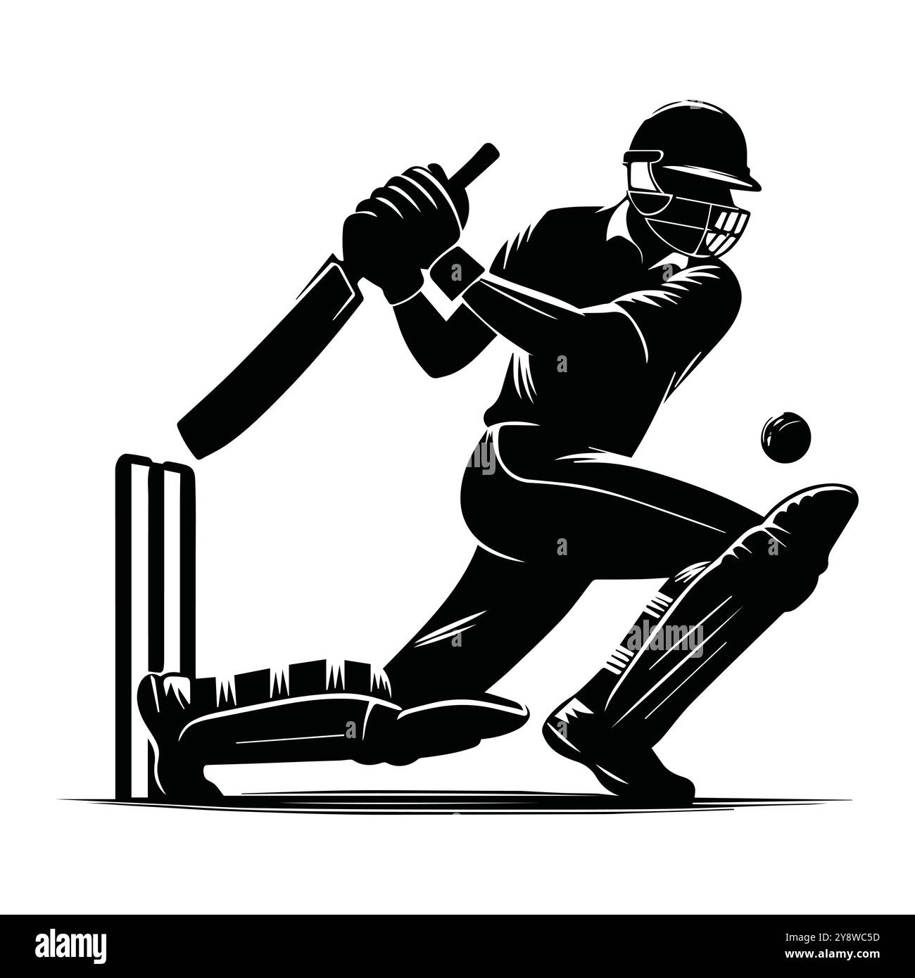 Black and white illustration capturing a cricket player in action ...
