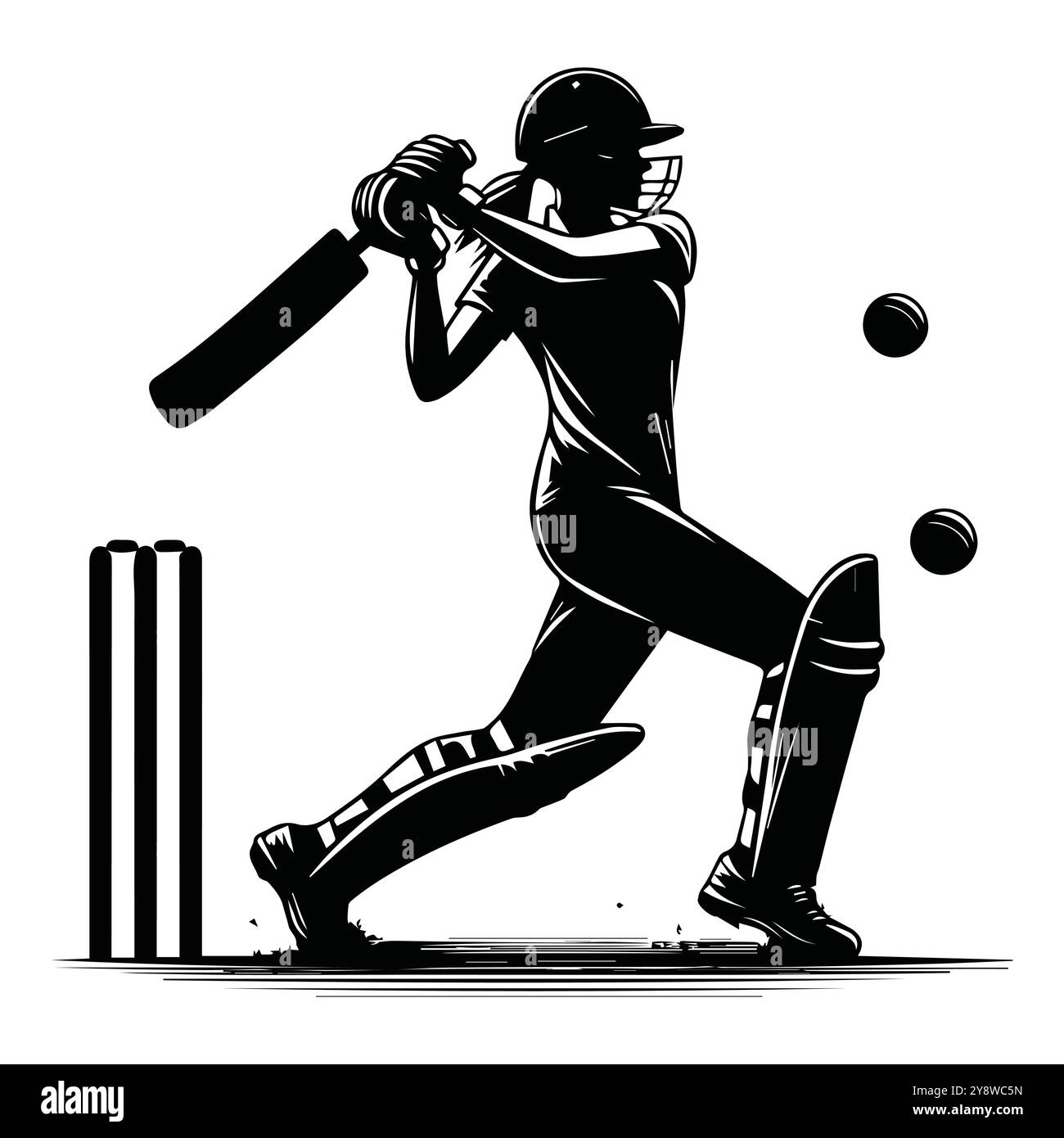 Black and white illustration capturing a cricket player in action ...