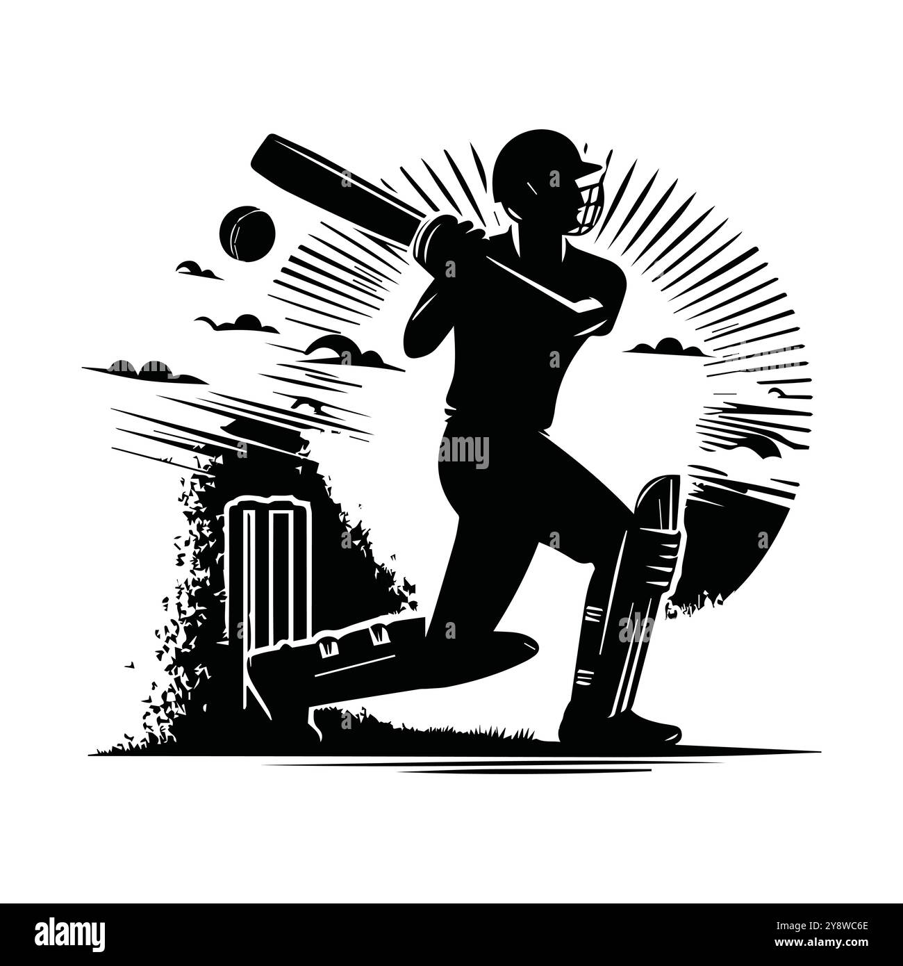 Black and white illustration capturing a cricket player in action ...