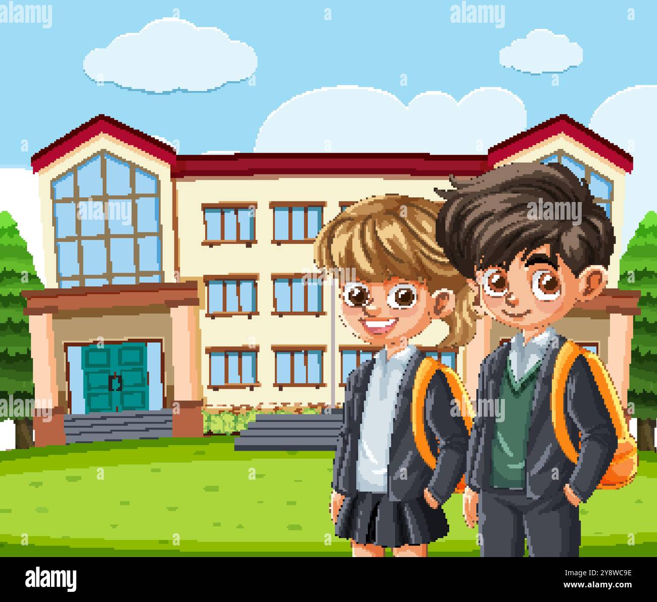 Two students standing outside a school building Stock Vector Image ...