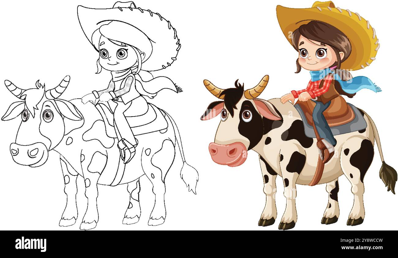 Girl in cowboy hat riding a cow Stock Vector Image & Art - Alamy