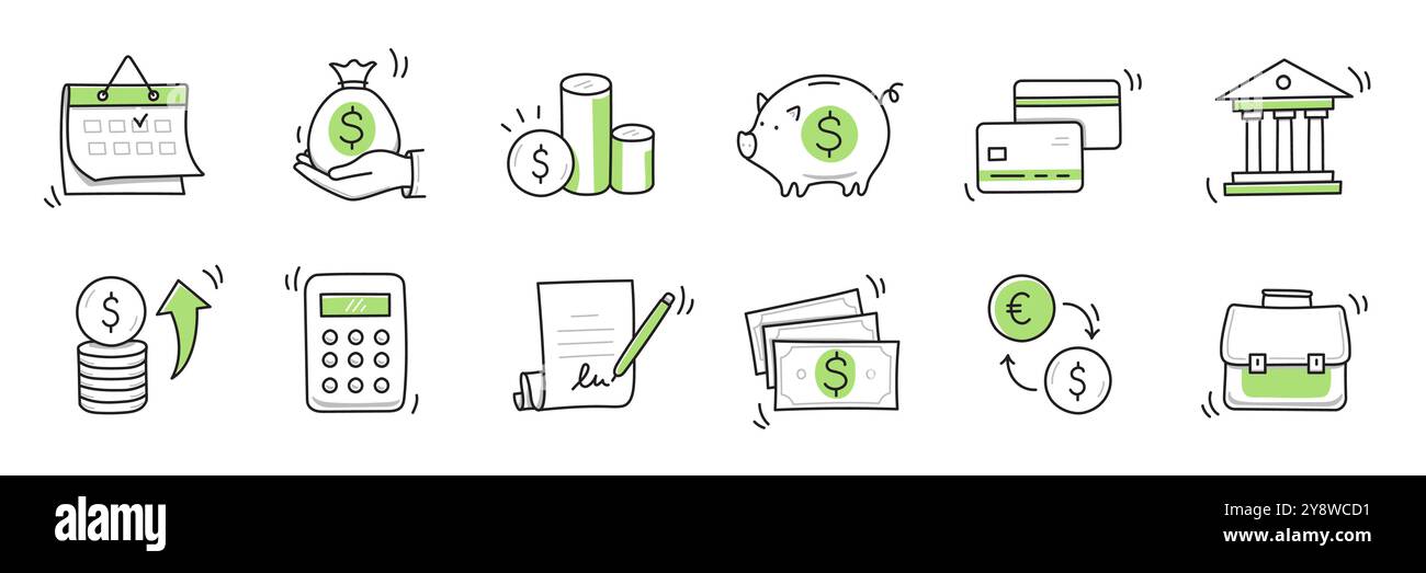 Money finance doodle hand drawn icon set. Finance business, money, bank ...