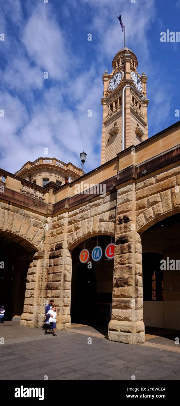 Central Station, clock tower and Metro, Train and Light Rail signs seen ...