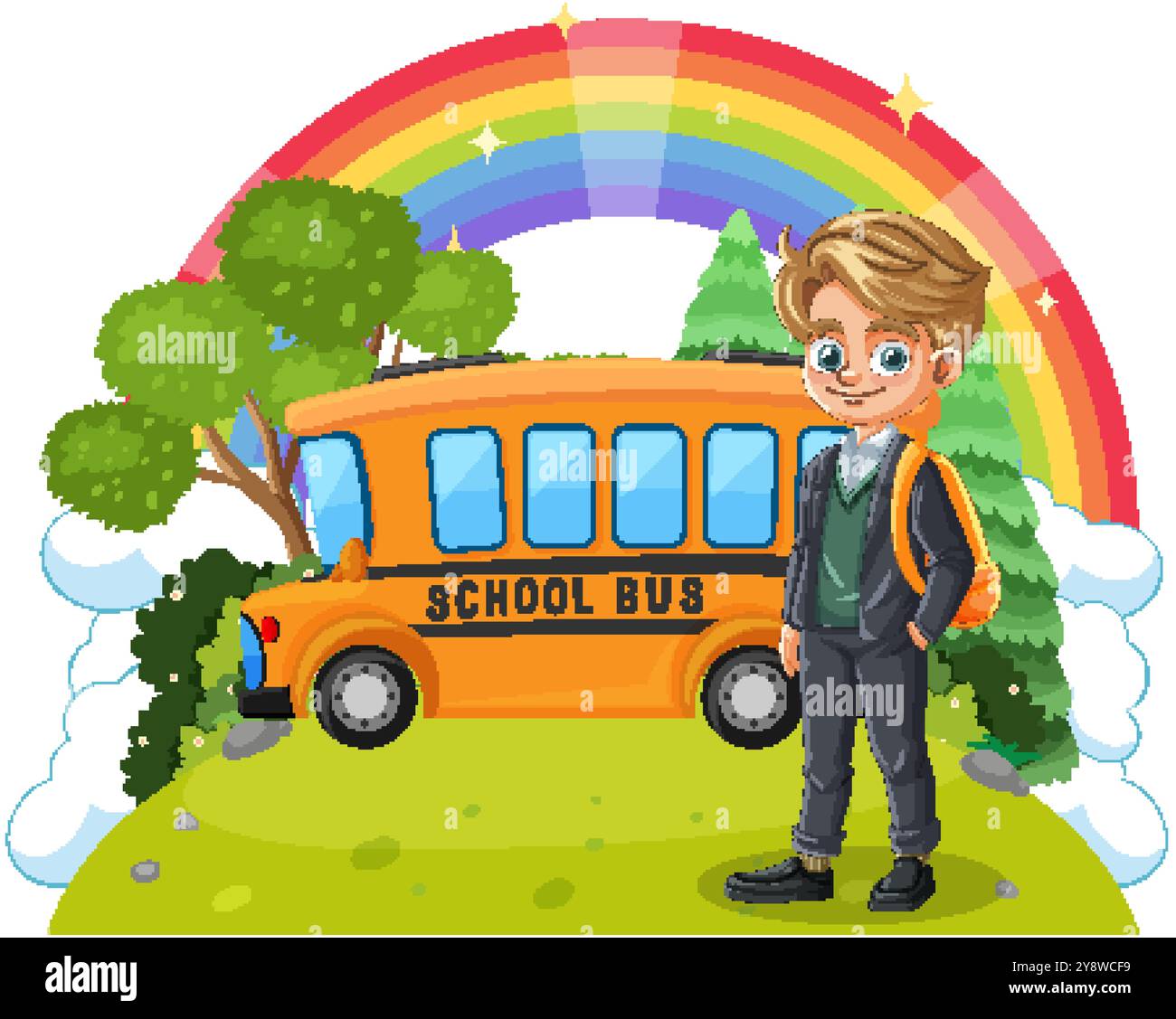 Boy standing near school bus under rainbow Stock Vector Image & Art - Alamy