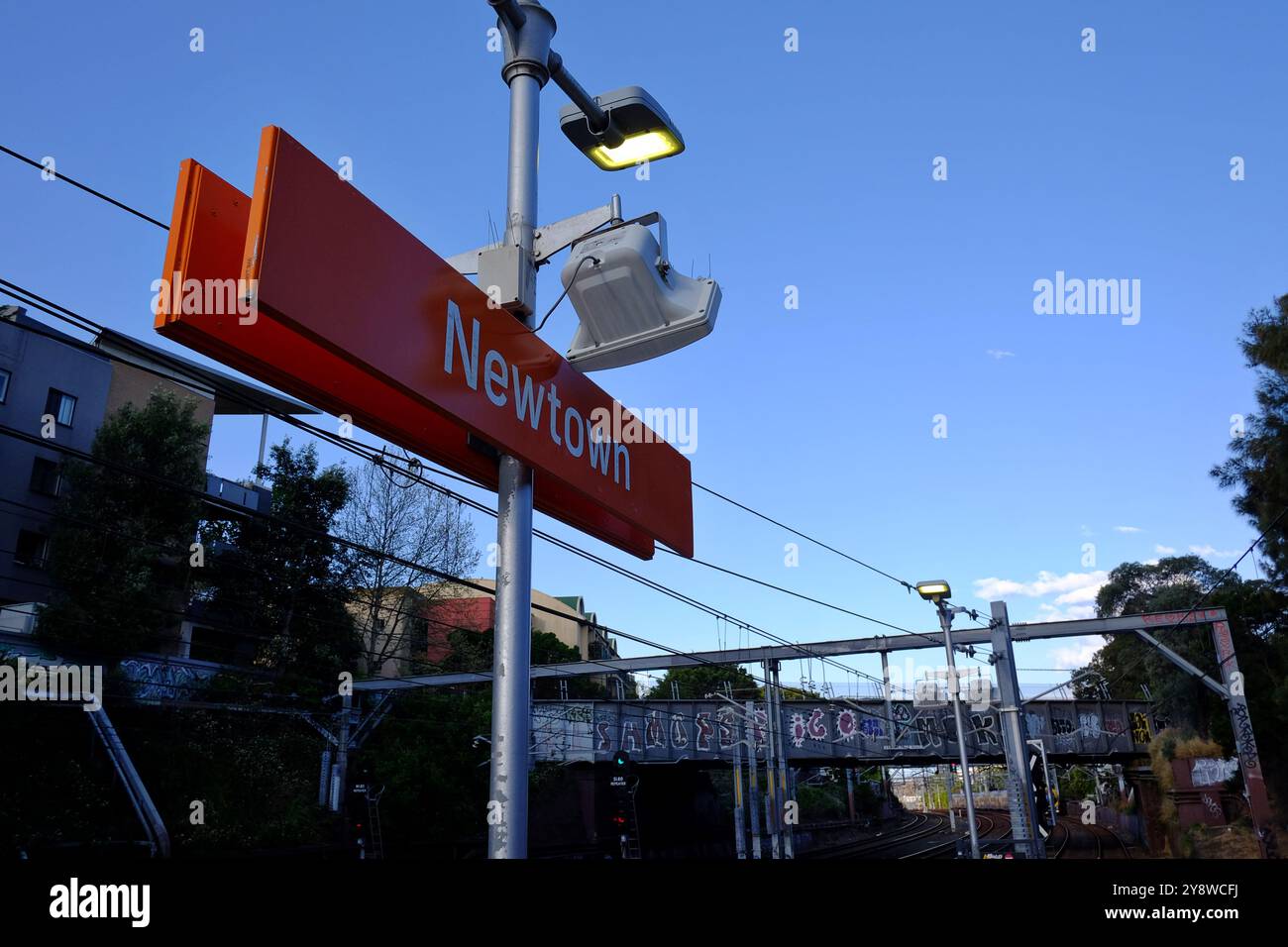 Newtown train station, station sign on the platform looking towards ...
