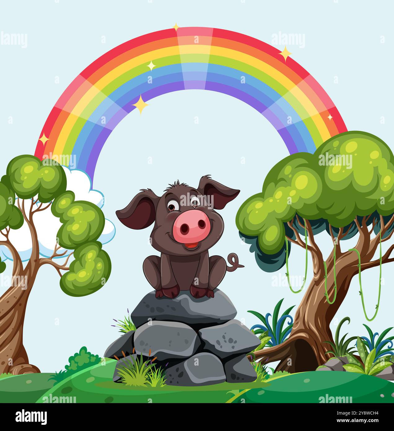 Cute pig sitting on rocks with rainbow background Stock Vector Image ...