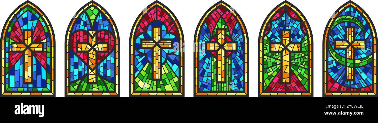 Church glass window. Gothic cathedral color stained frames. Catholic ...