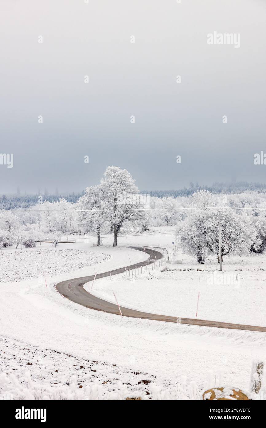 Curvy road in a frosty cold country landscape Stock Photo - Alamy