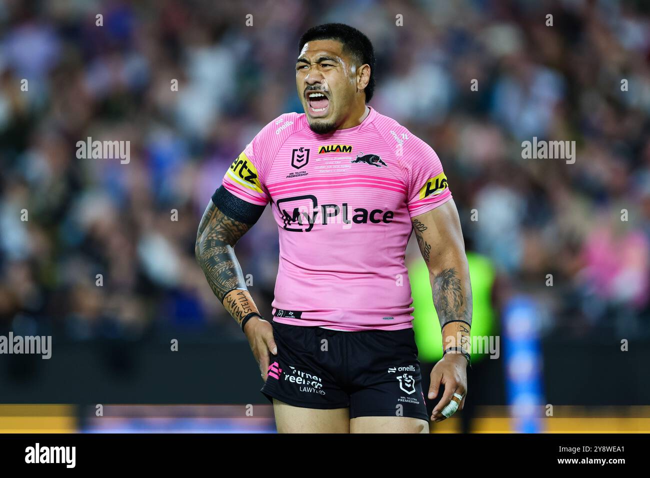 Sydney, Australia, 6 October, 2024. Moses Leota of the Panthers reacts ...