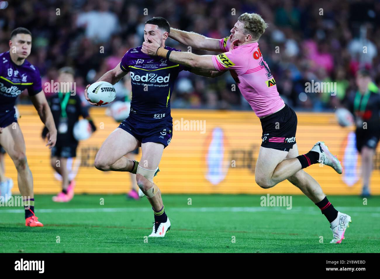 Sydney, Australia, 6 October, 2024. Nick Meaney of the Storm is tackled ...