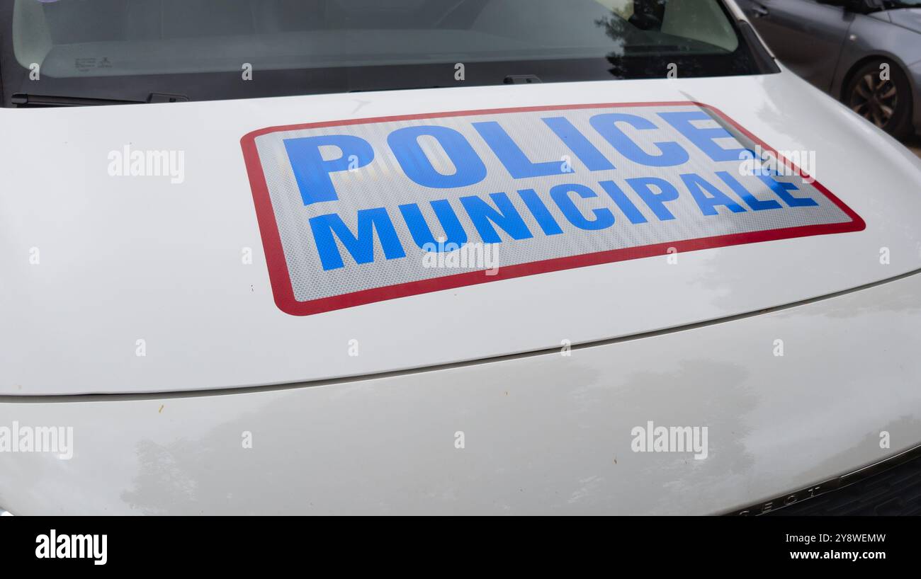 Bordeaux , France - 10 03 2024 : police municipale french car hood ...
