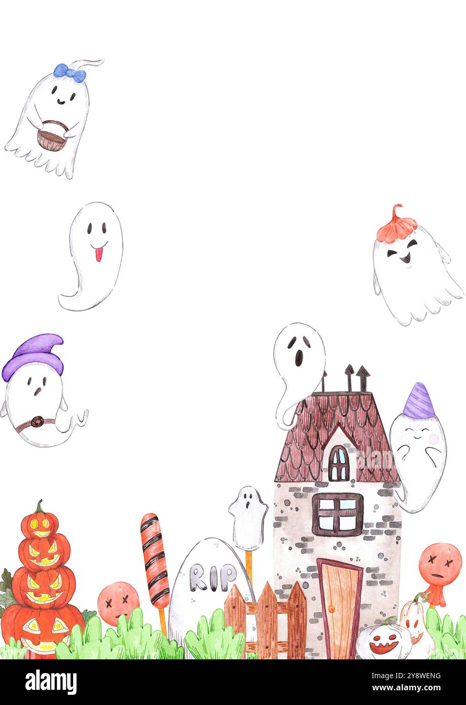 Hand drawn watercolor Halloween ghosts and haunted house frame border ...