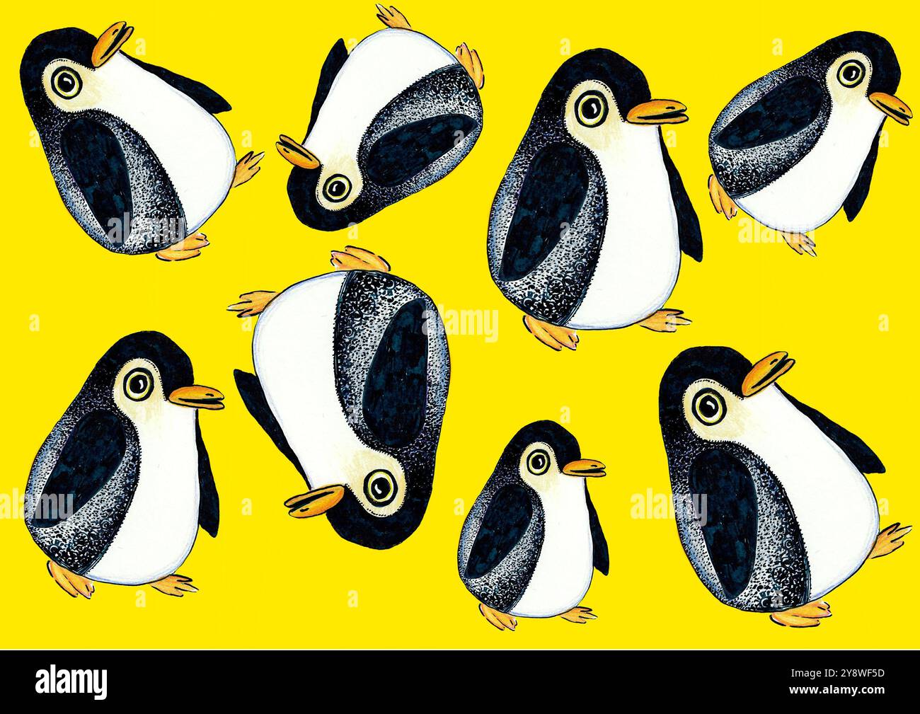 Set of penguins of different sizes randomly arranged on yellow ...