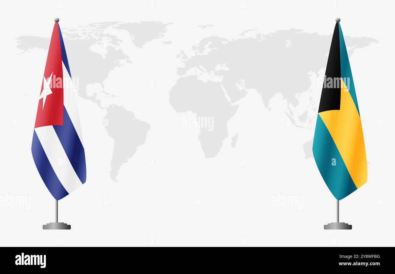 Cuba and Bahamas flags for official meeting against background of world ...