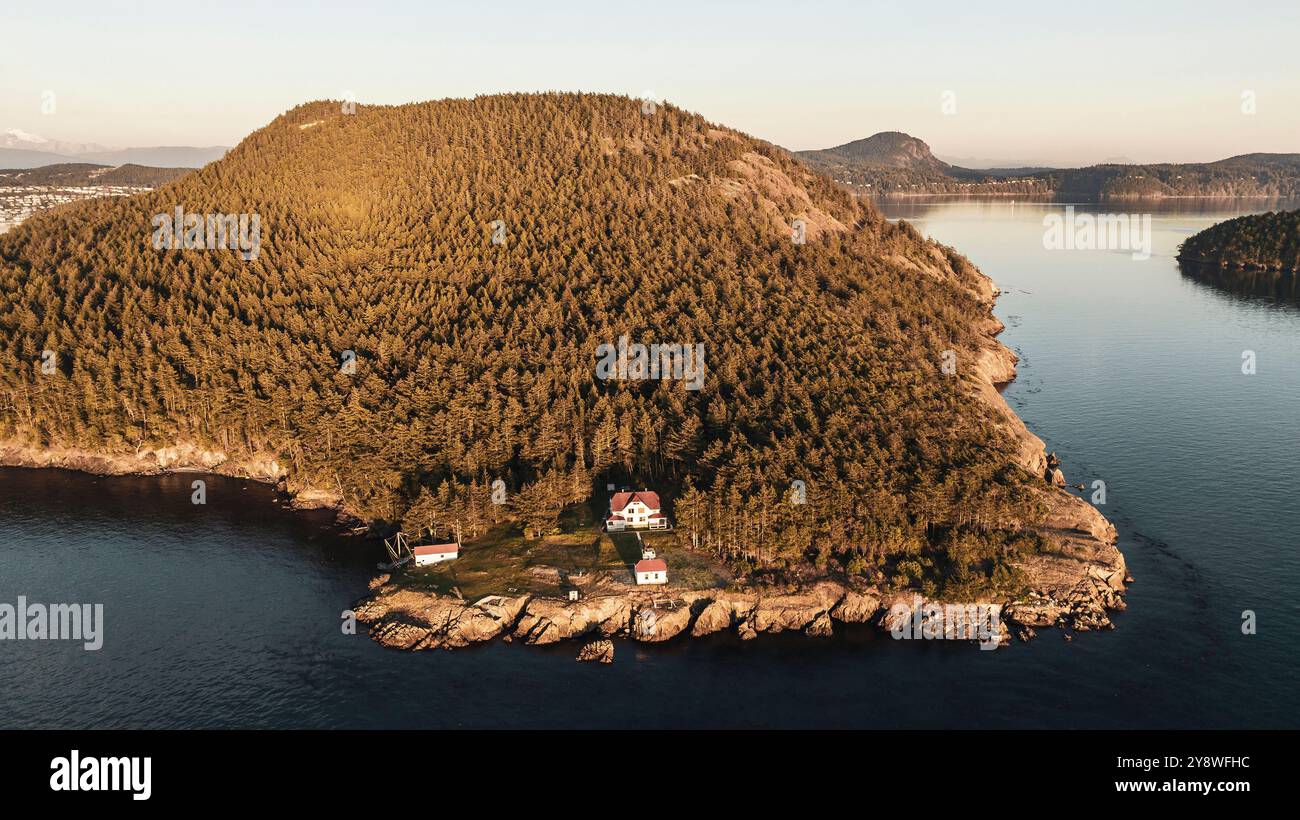 Aerial view of the Burrows Island Lighthouse, Washington State, USA ...