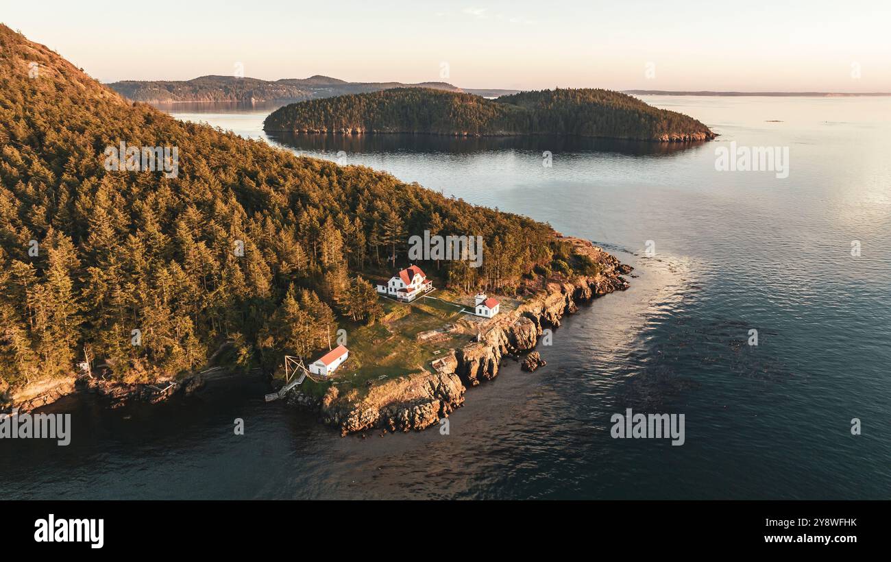 Aerial view of the Burrows Island Lighthouse, Washington State, USA ...