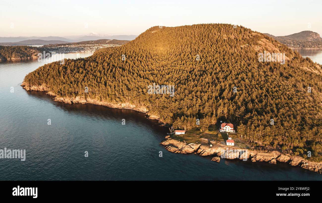 Aerial view of the Burrows Island Lighthouse, Washington State, USA ...