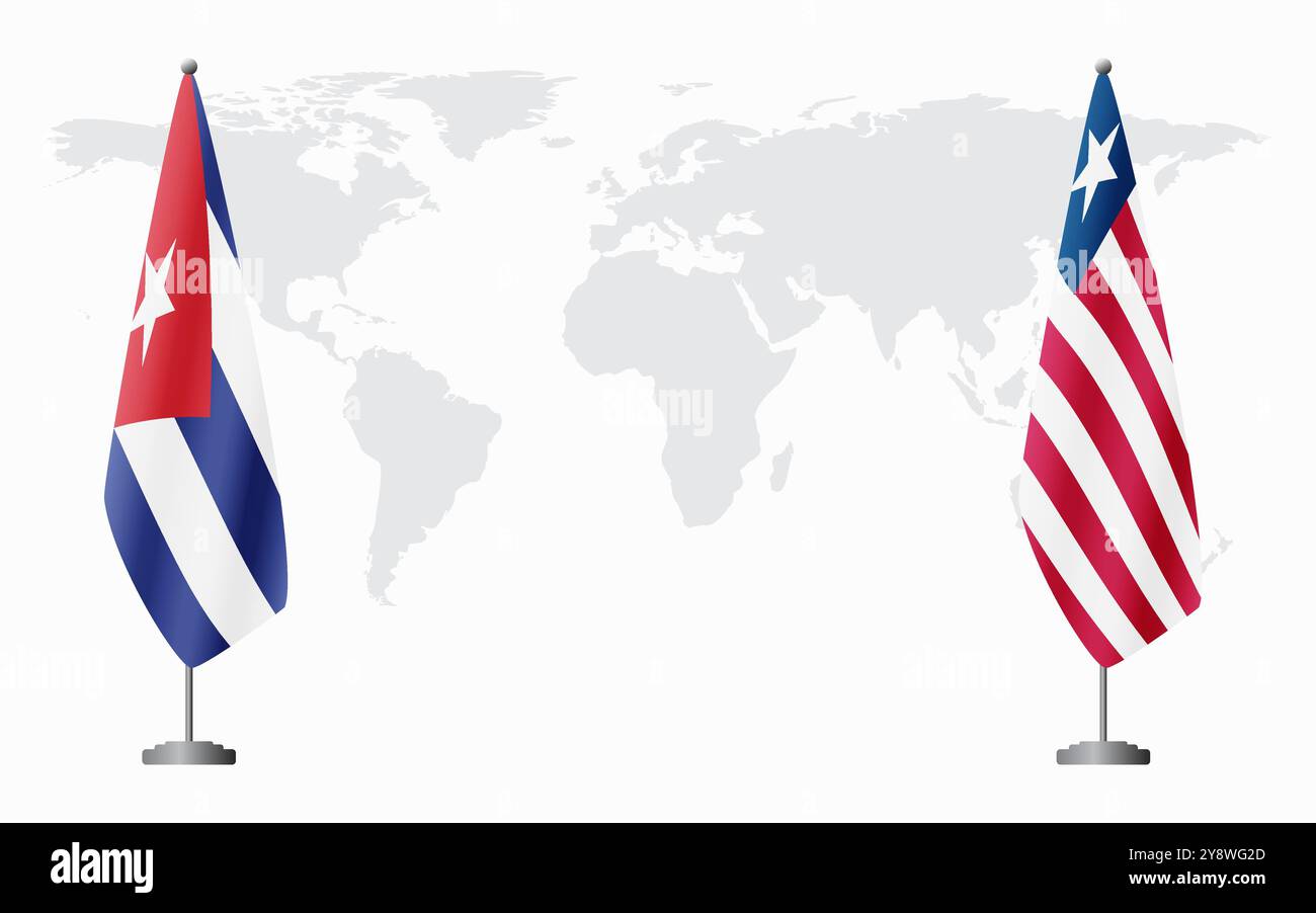 Cuba and Liberia flags for official meeting against background of world ...