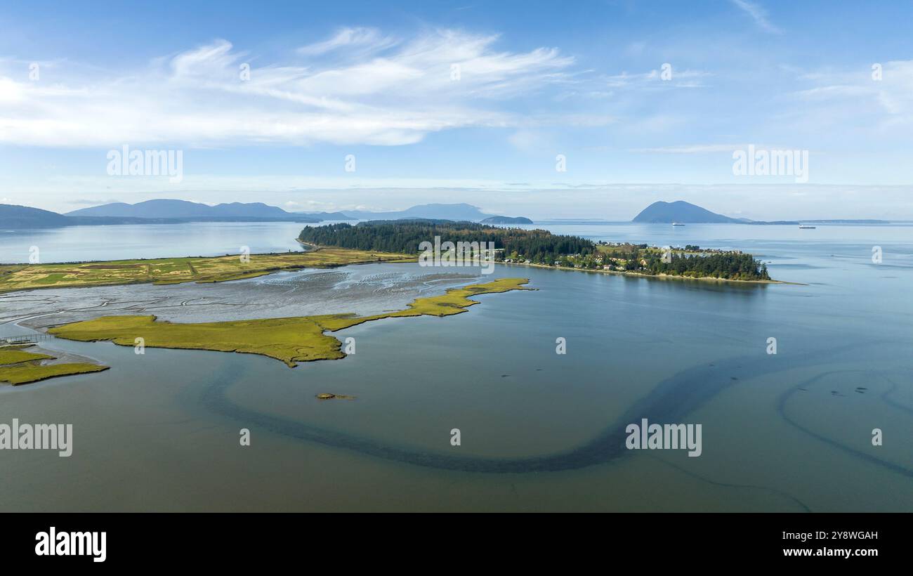 Aerial view of tidal flats off Samish Island, Washington State, USA ...