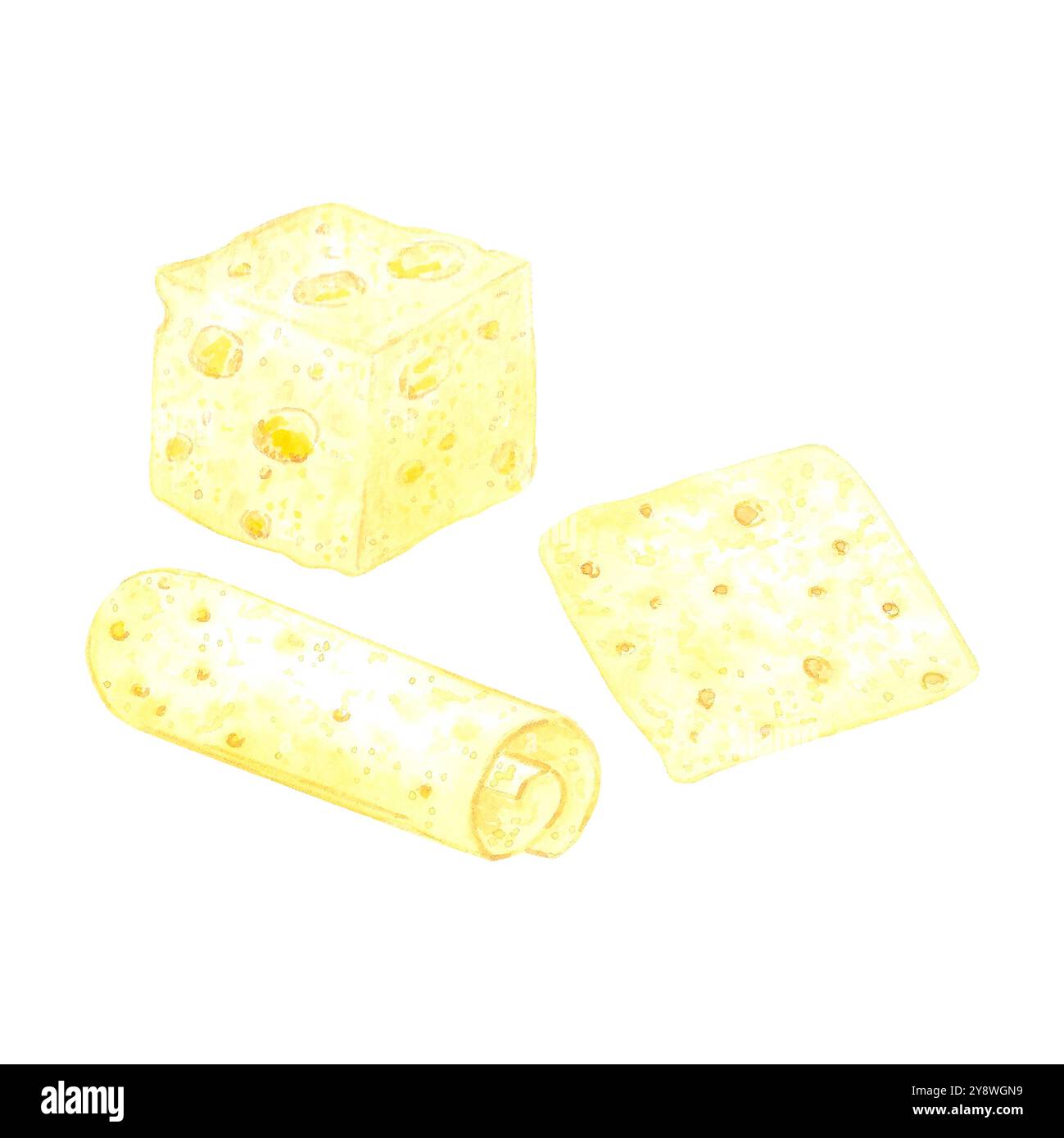Hand drawn watercolor piece slice, cube of cheese isolated on white ...