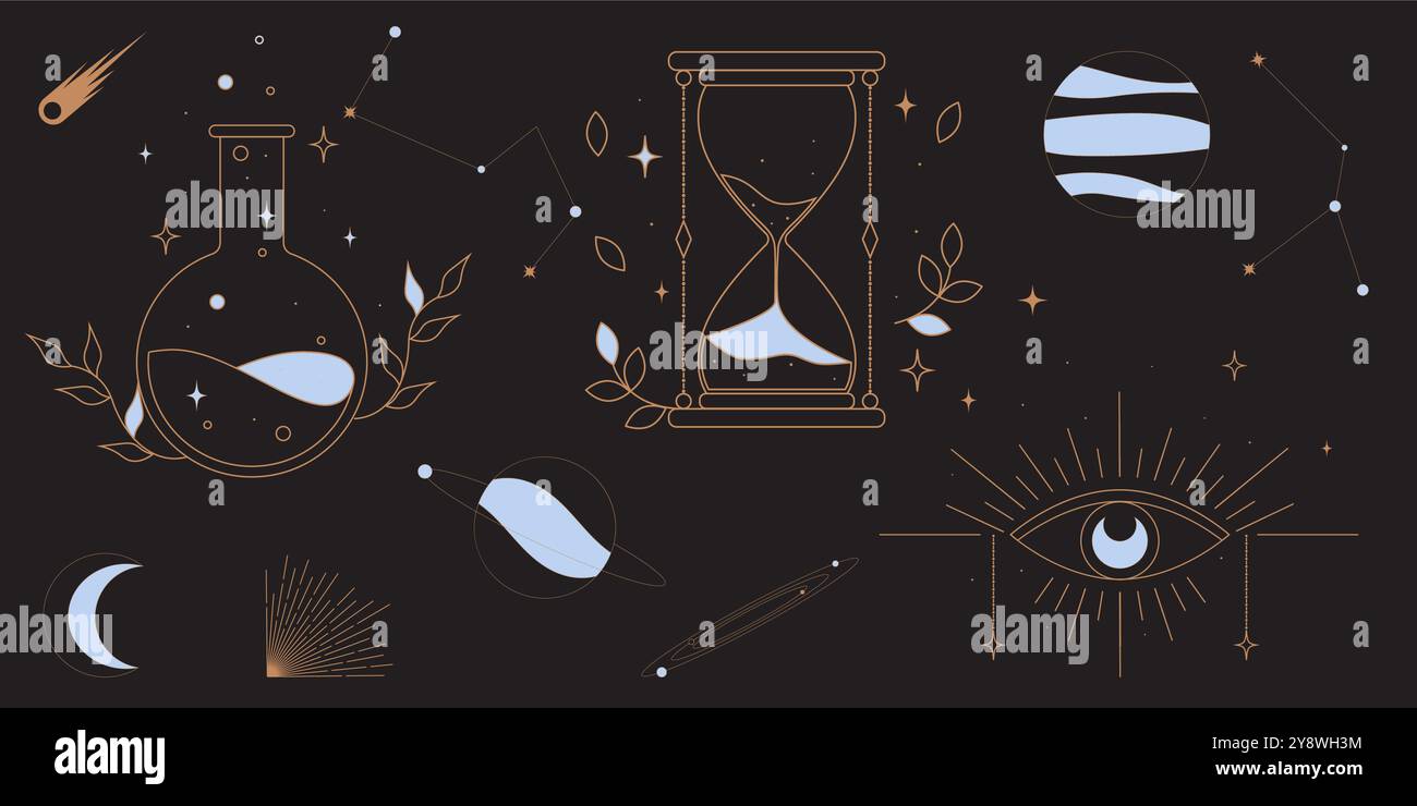 Vector mystic celestial set a with golden outline sand clock, eye ...