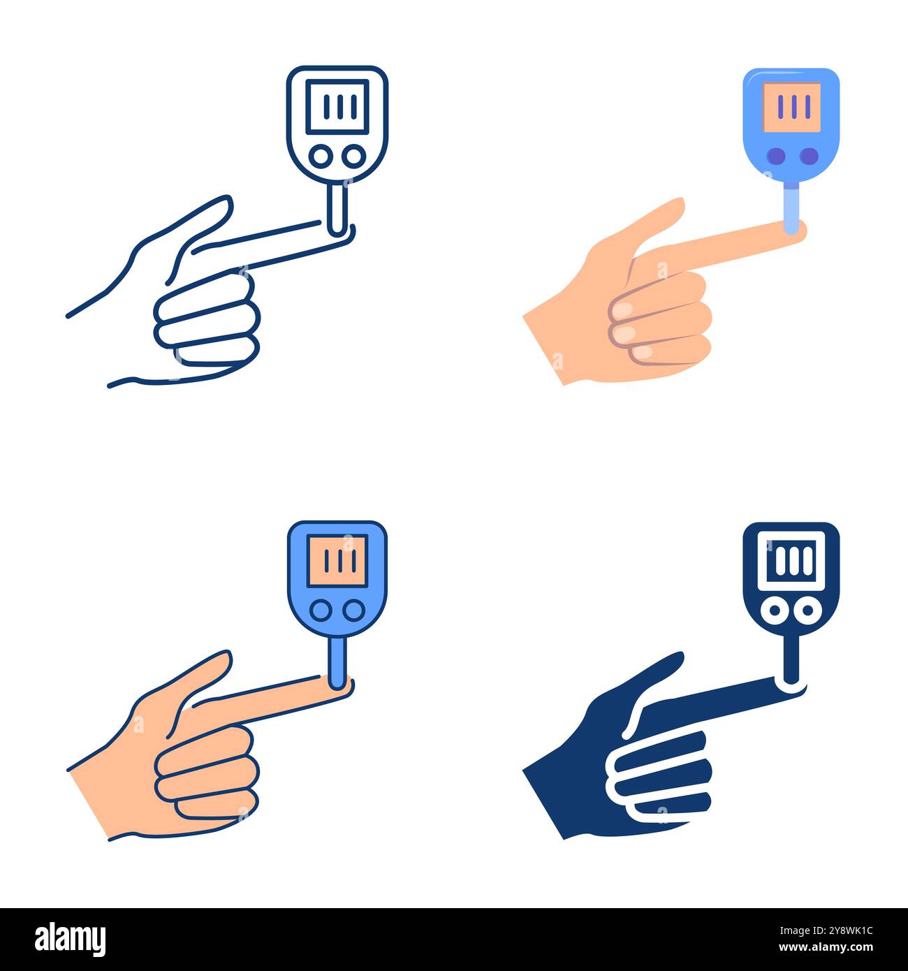 Blood sugar level test icon set in flat and line style. Hand with ...