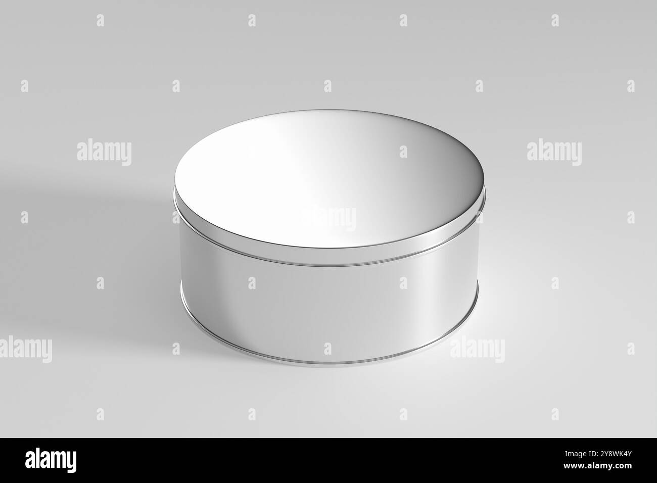 Round aluminum metal tin box on white background. High angle view. 3D ...