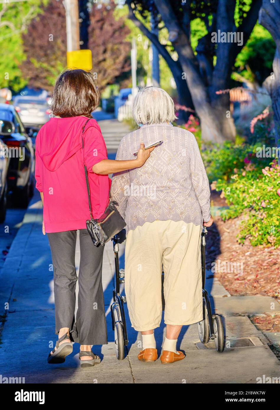 Senior woman walking using a mobility walker on the pedestrian footpath ...