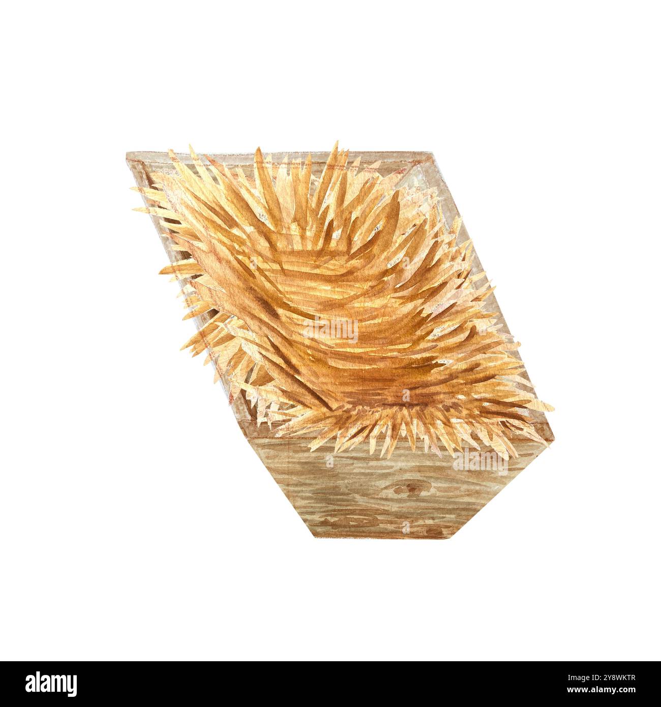 Wooden manger with straw hand painted watercolor illustration isolated ...