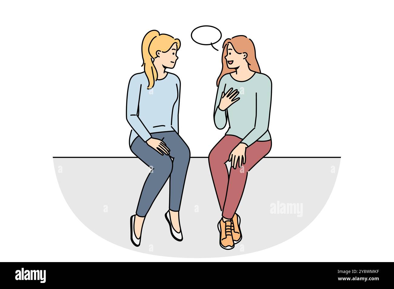 Happy girls sitting talking with speech bubble above head. Smiling ...