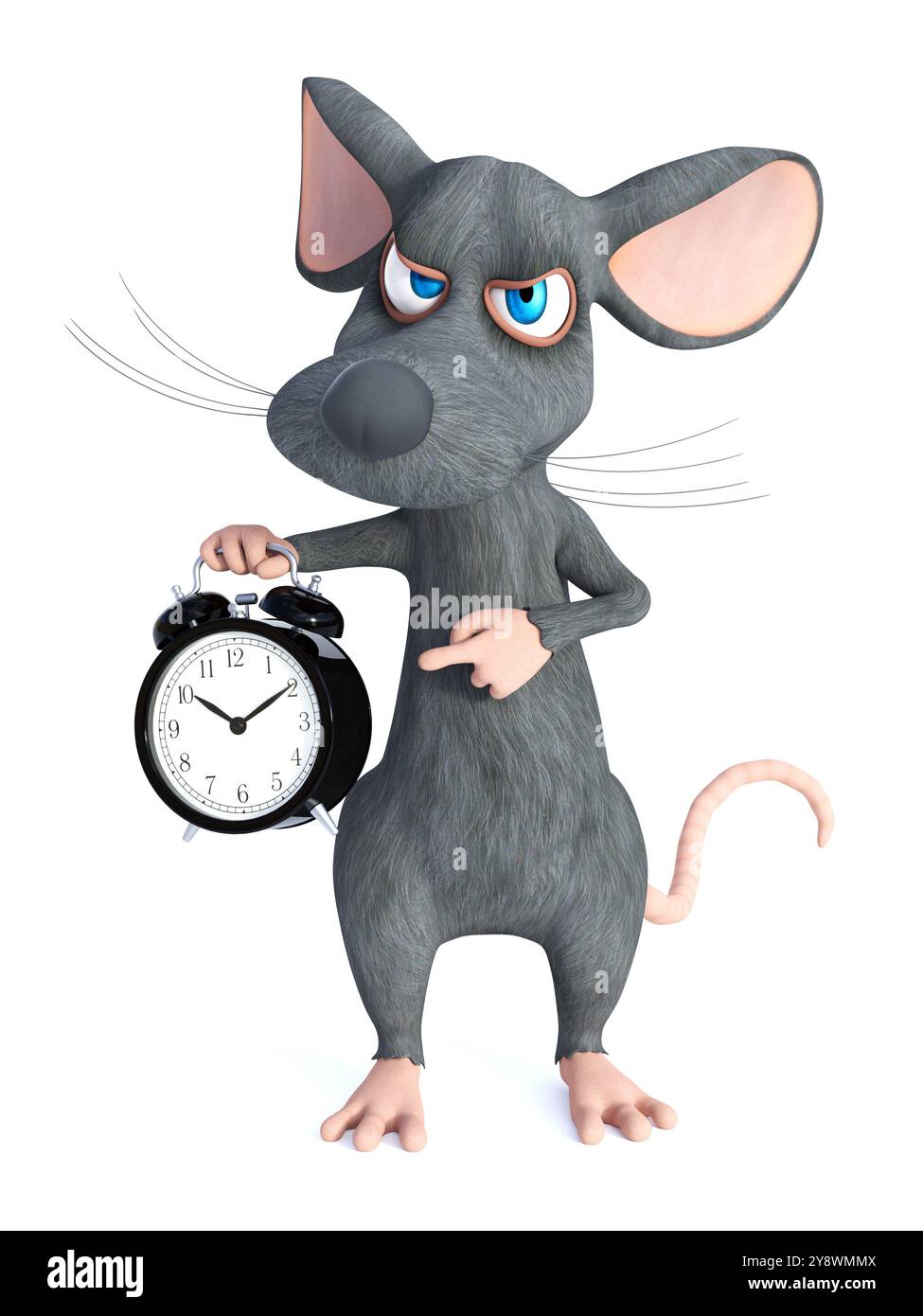 3D rendering of cute grumpy cartoon mouse holding a big old style alarm ...