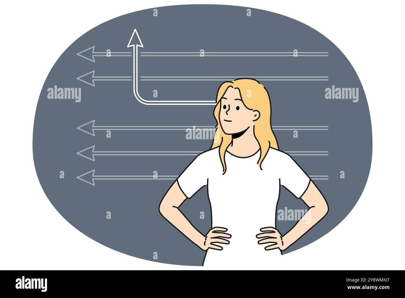 Determined female employee with numerous arrows think of creative ideas ...