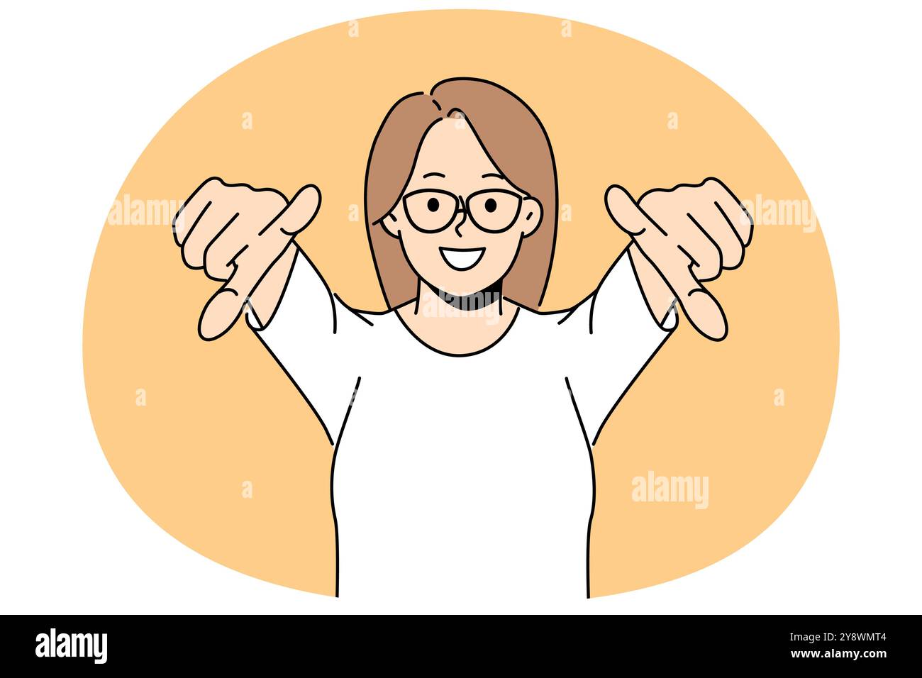 Smiling woman in glasses point at screen choosing person. Happy girl in ...