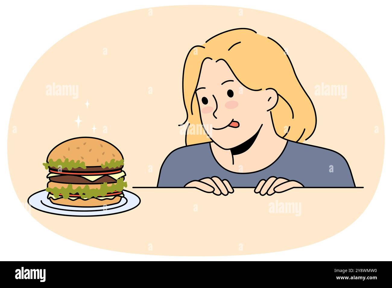 Excited child looking at delicious hamburger on table. Happy girl kid ...