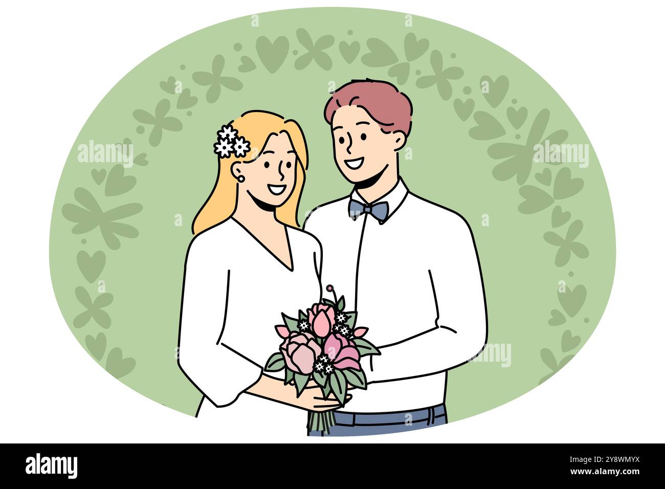 Smiling bride and groom standing near wedding floral arch during ...