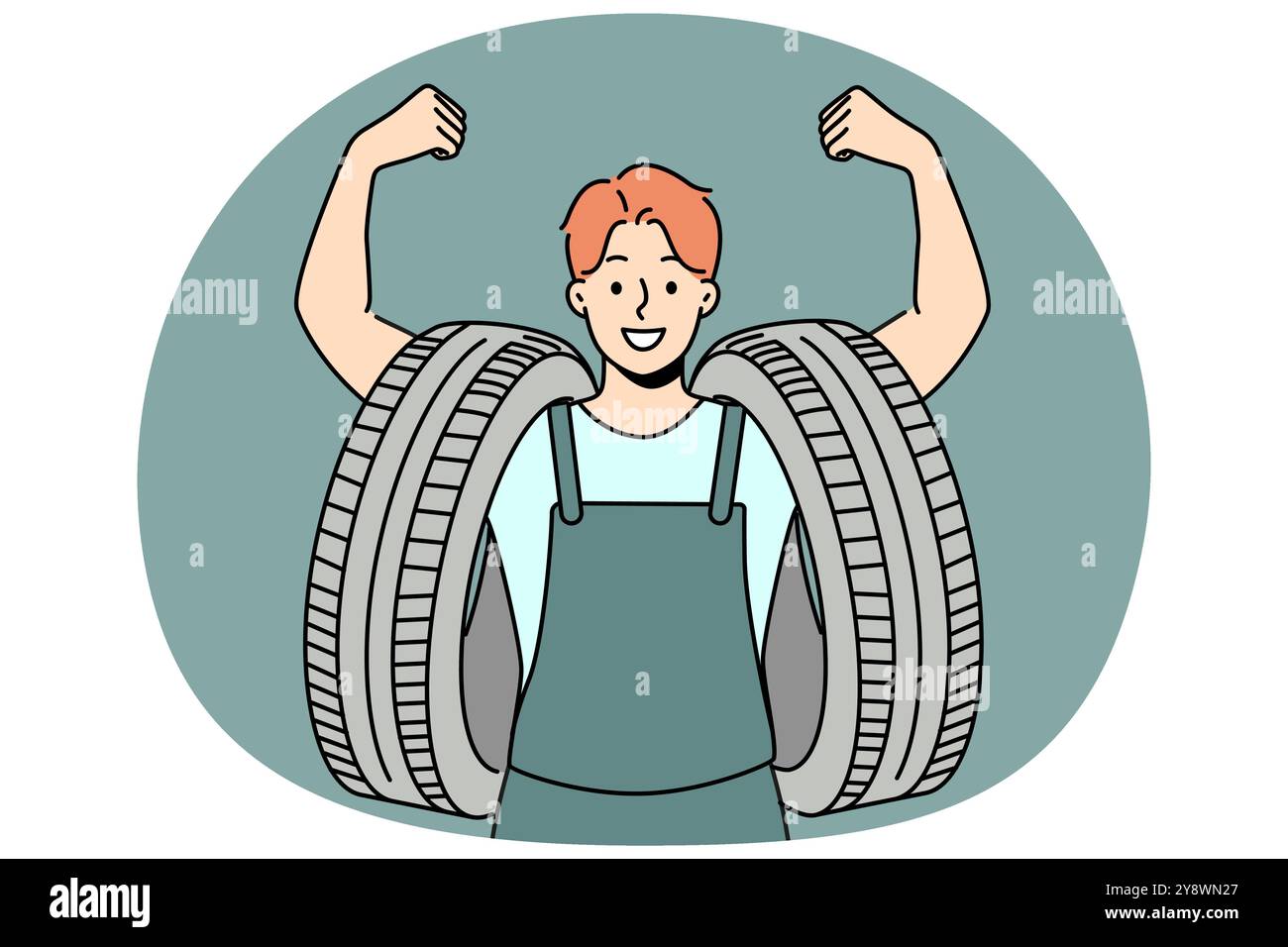 Smiling strong man with tires on arms. Happy male client of auto ...