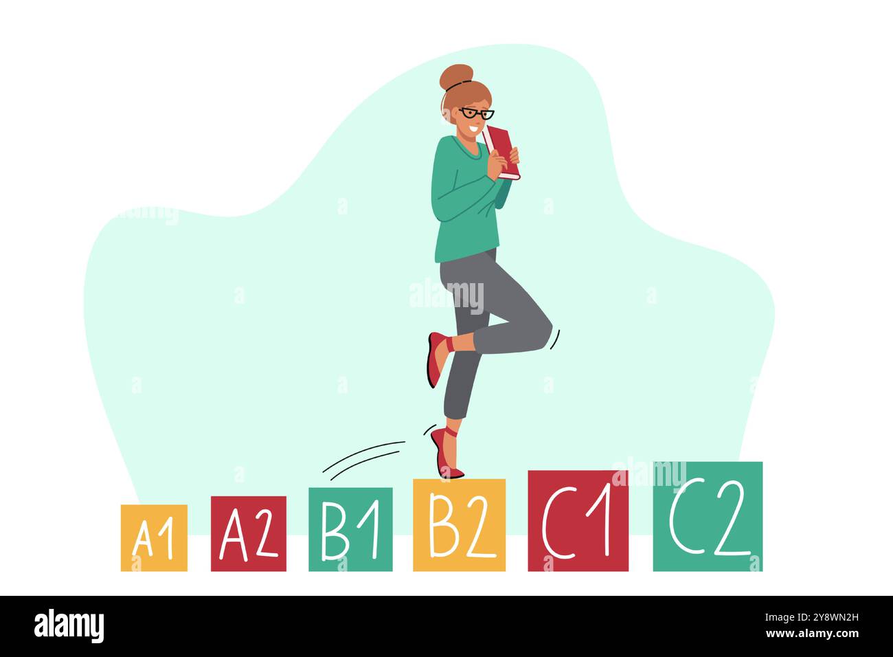 Woman studies english and makes progress, walking up steps symbolizing ...