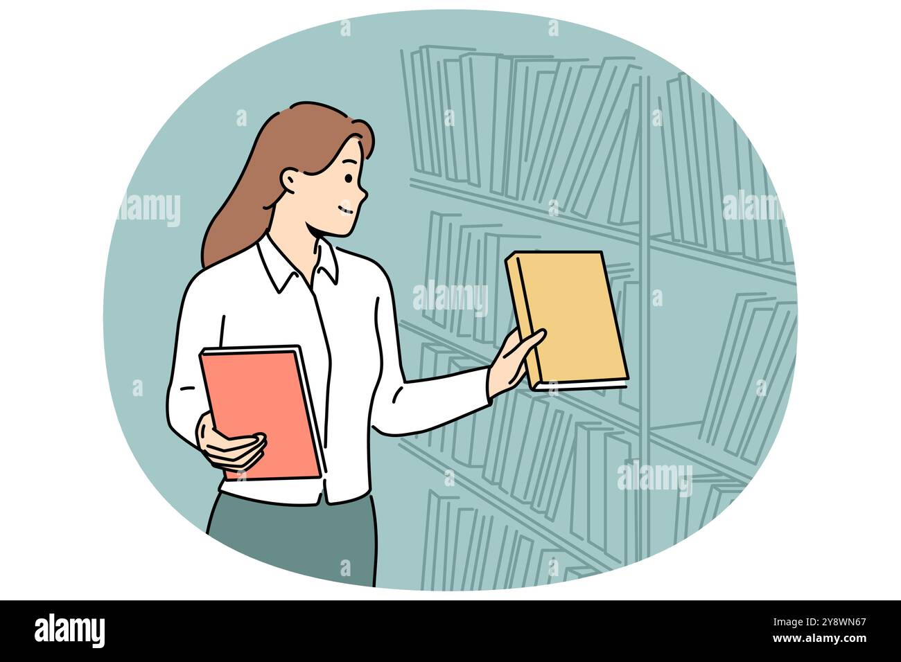 Female librarian put books on bookshelves. Woman working in library ...