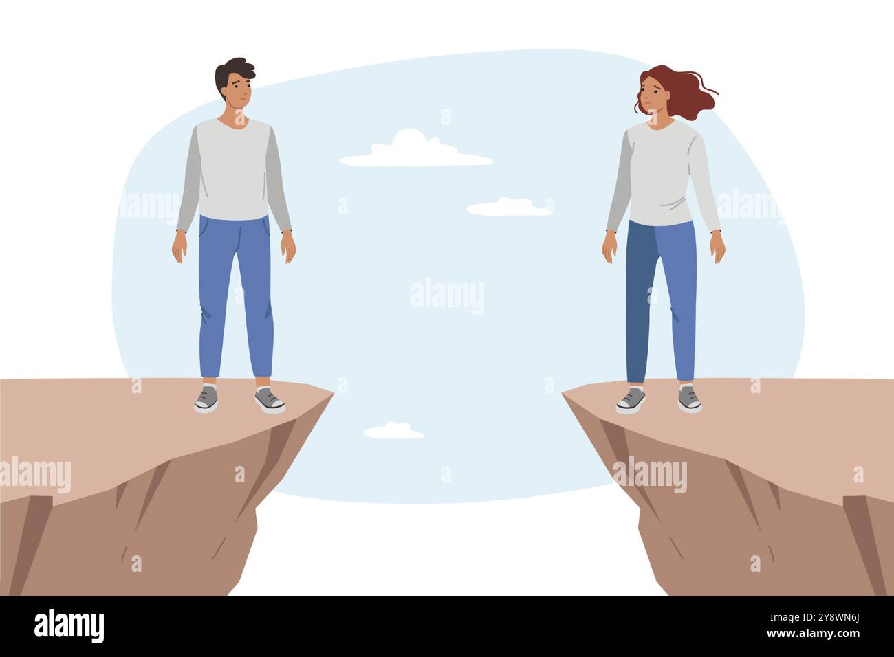 Love at distance between man and woman feeling stressed and standing on ...