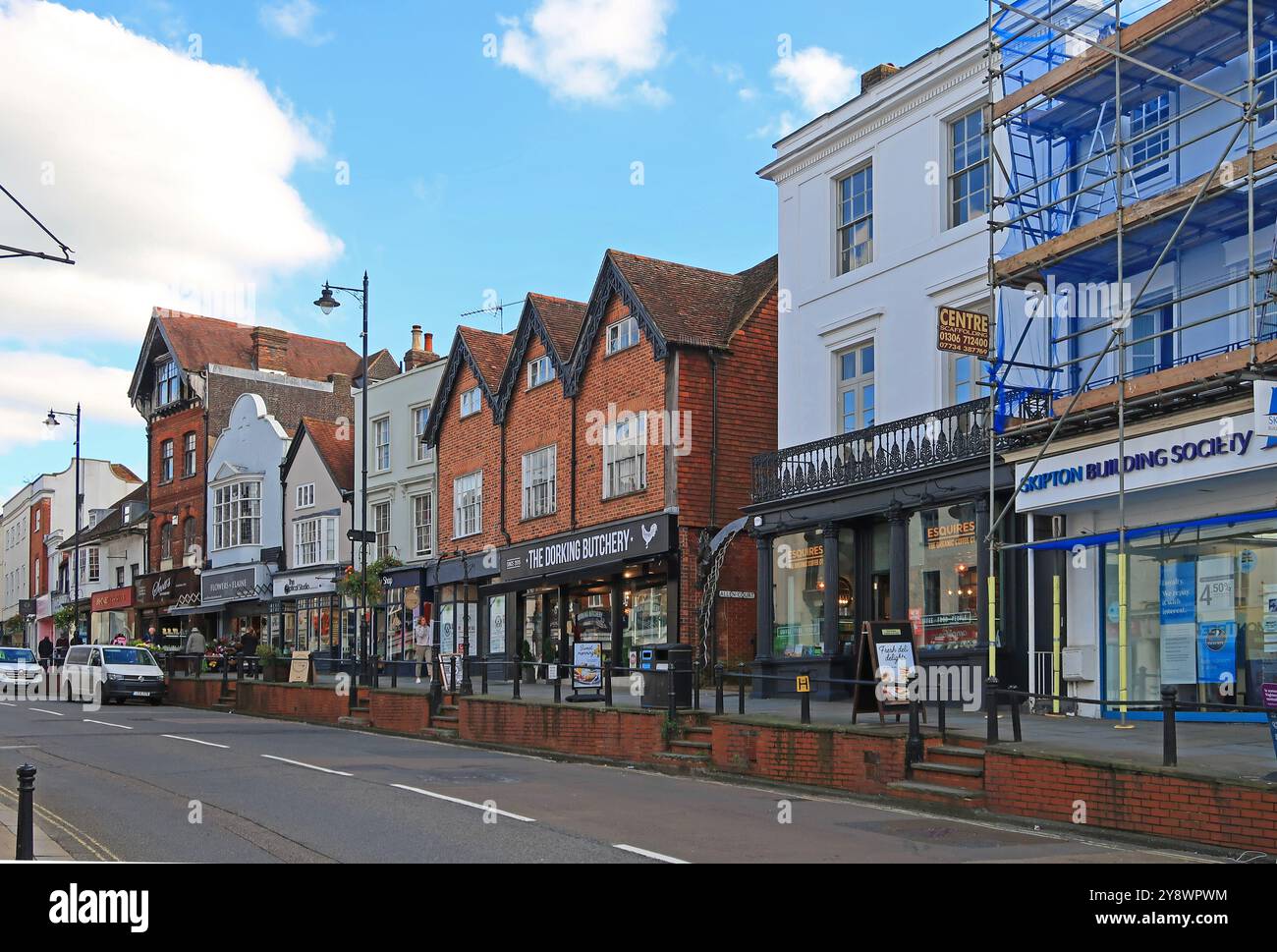 South side of the High Street, Dorking, an affluent market town in ...
