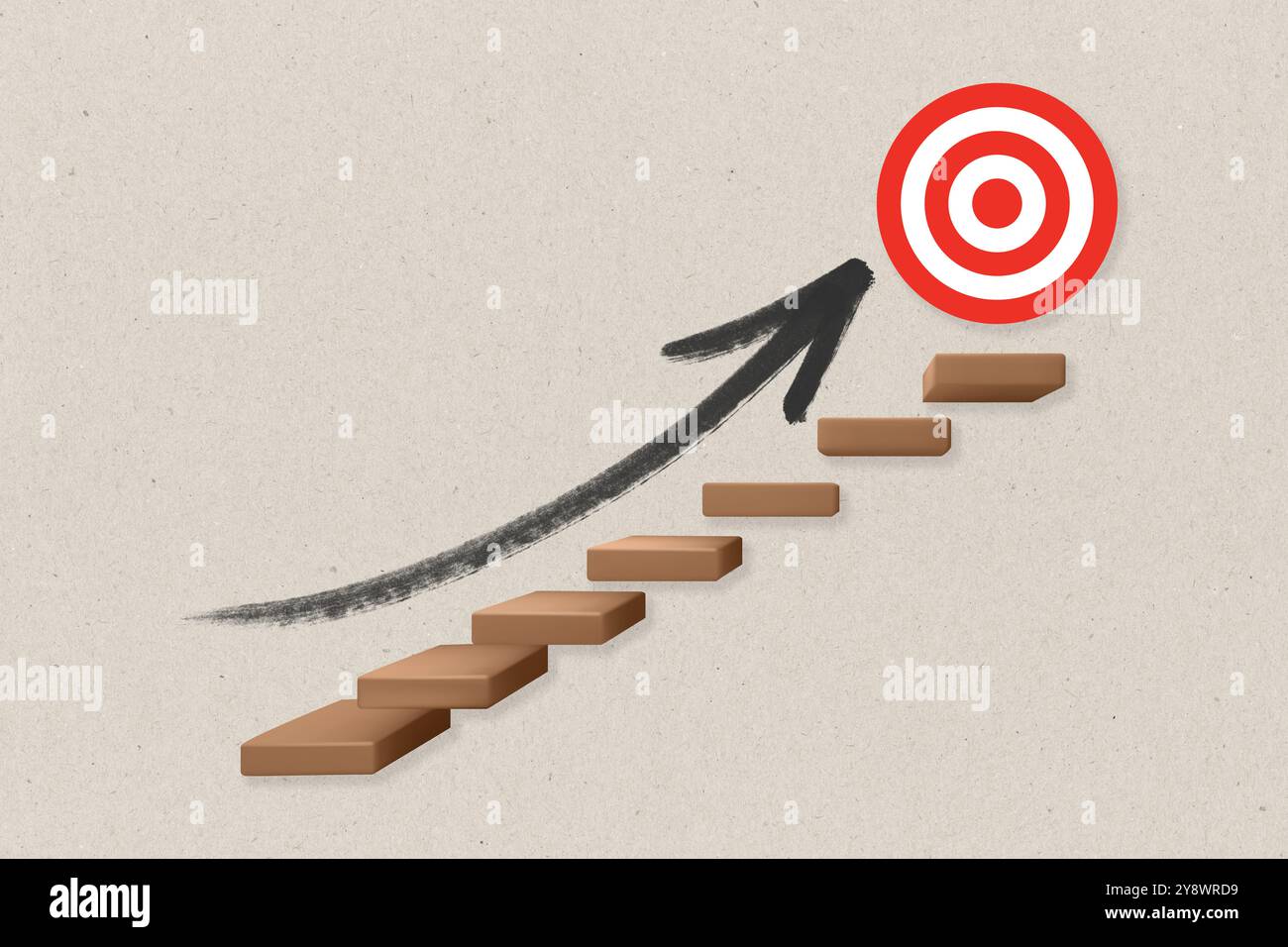 Wooden block staircase with red target icon, growth step to success ...