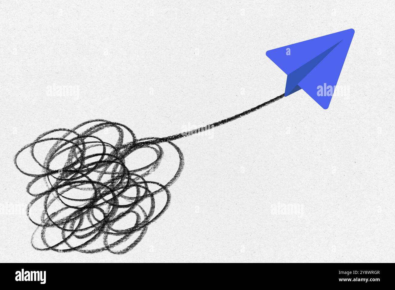 A blue paper plane flies out of a tangled line, ambition, achievement ...