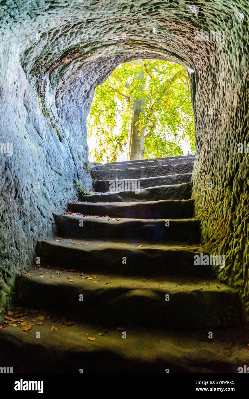 Visitors navigate the ancient stone steps leading out of Frydstejn ...