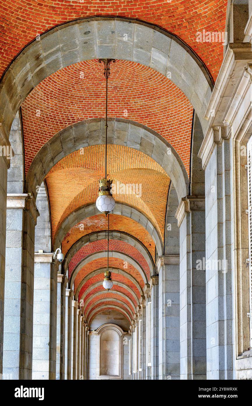 Madrid, Spain - September 26, 2024: Arcade and colonnade with brick ...