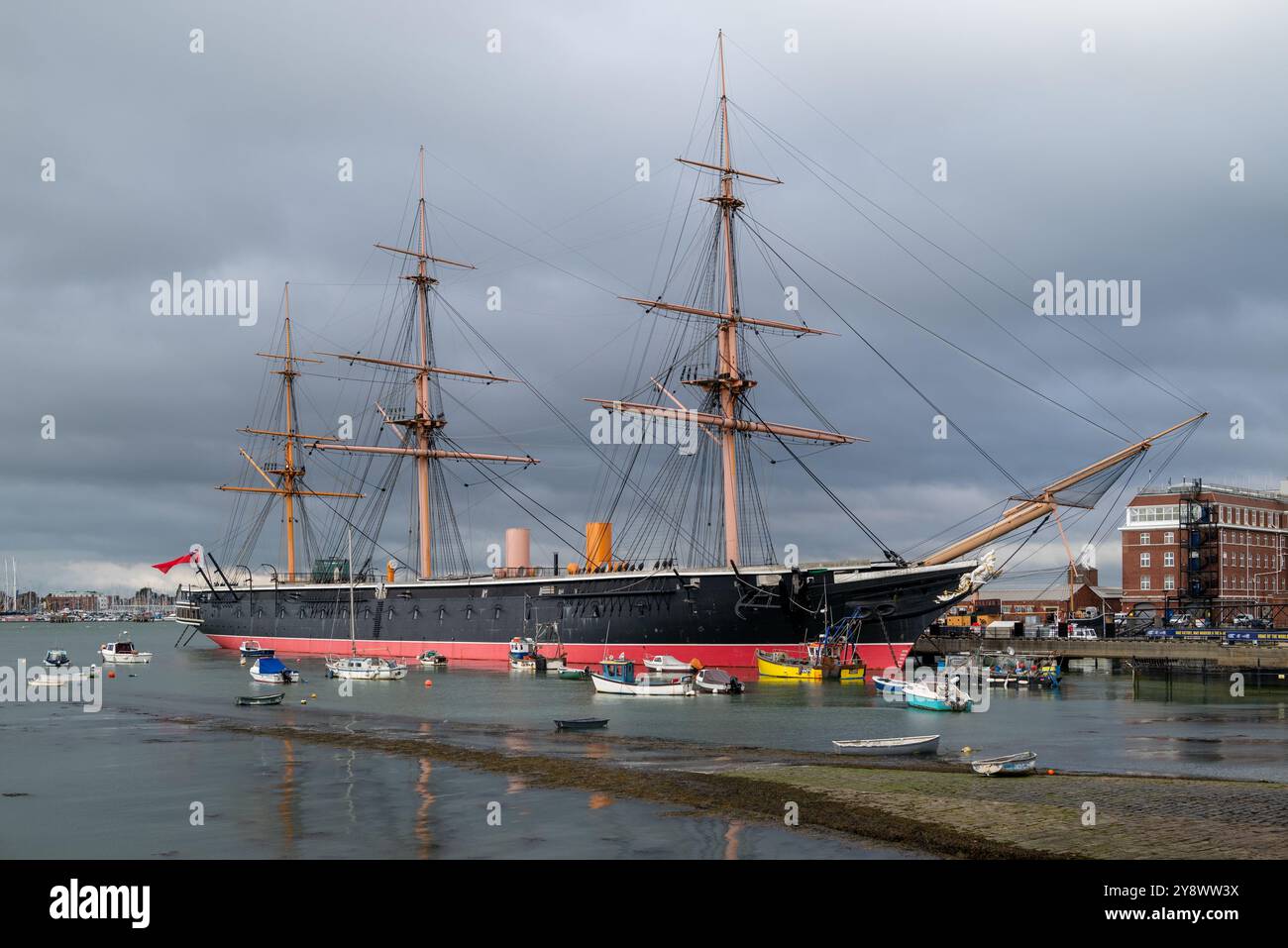HMS Warrior outside of Portsmouth's Historic Dockyard on a stormy day ...