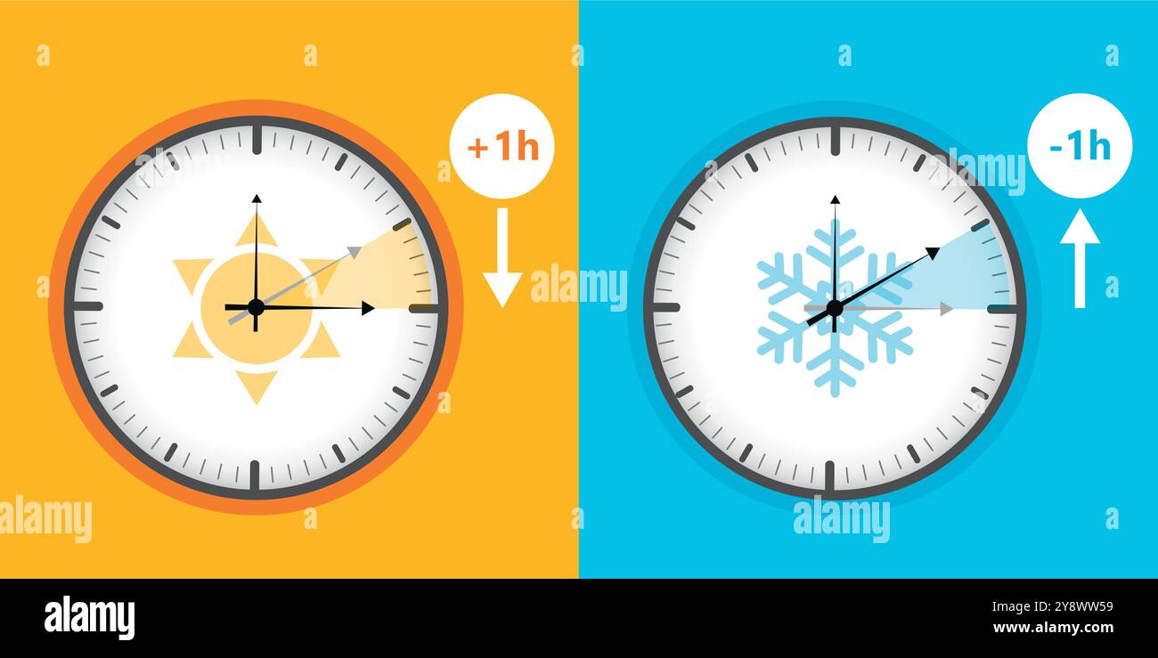 summer time and winter time concept with clock vector illustration ...