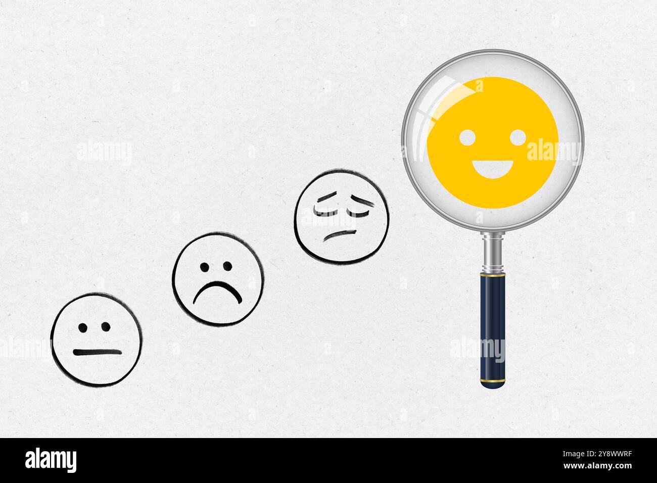 Magnifying glass focusing to smiling emoji, searching for good and ...