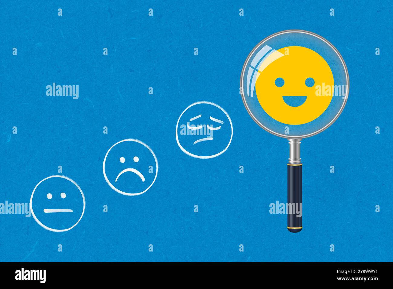 Magnifying glass focusing to smiling emoji, searching for good and ...