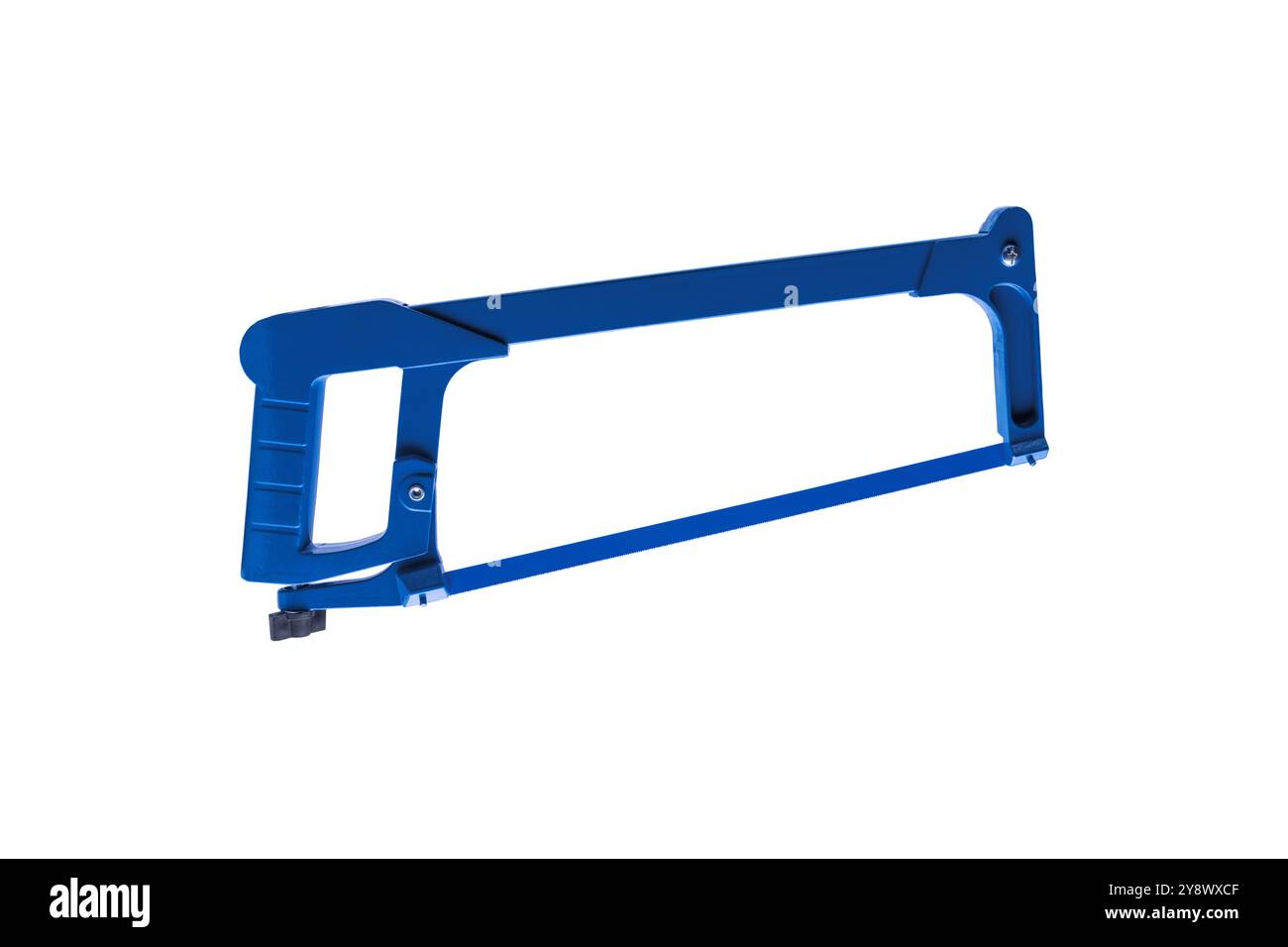 Blue hacksaw for metal. Close-up. Isolated on white background Stock ...
