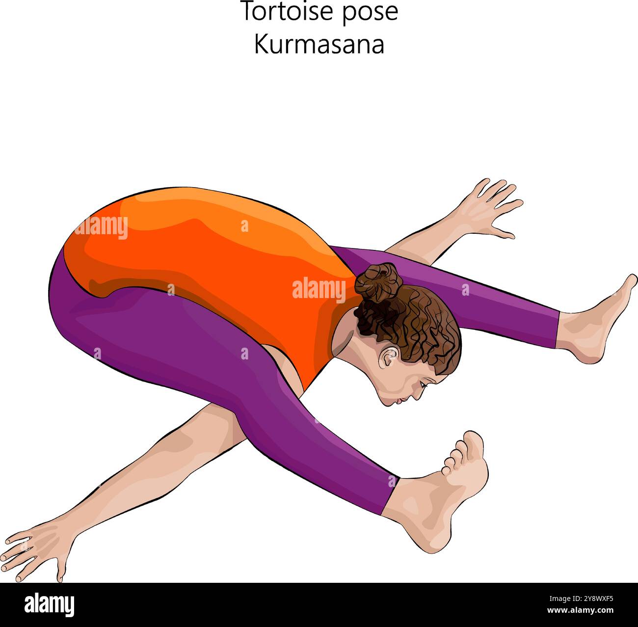 Young woman practicing Kurmasana yoga pose. Tortoise pose. Intermediate Difficulty. Isolated ...